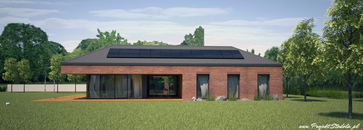 Projekt Stodoła z Atrium perspektywa ogrodowa wprost dzien | BarnHouseIdeas